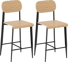 HOMCOM Sada 2 Barových Židlí, Barová Židle s Opěrným Nohama, Kovový Rám, Kuchyňská Židle s Výškou Sedáku 66 cm, Snadná Montáž, Průmyslový Design Příro