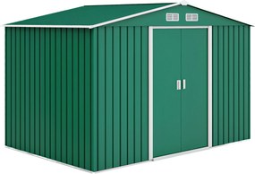 Zahradní shed Outsunny 4,9 m² 277x195x192 cm se skládacími dveřmi a šikmou střechou, zesílený základ (podlaha není součástí) a 4 tmavě zelená okna | A