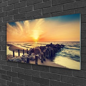Obraz na skle Pláž Vlnolam Moře Západ 120x60 cm