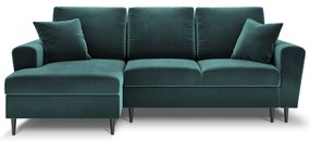 Sametová rozkládací/s úložným prostorem rohová pohovka v petrolejové barvě (levý roh/s lenoškou) Kyoto – Cosmopolitan Design