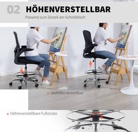 HOMCOM Kreslířská židle s bederní opěrkou, výškově nastavitelná, otočná, pro domácí kancelář, studio, umělecké projekty, černá