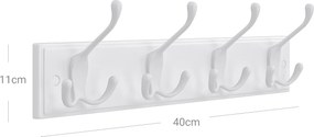 Nástěnný kabátový držák, háčkový věšák, 40 x 11 x 7 cm, bílý