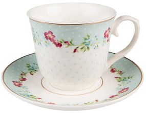 Zelený porcelánový šálek s podšálkem s květy – 250 ml