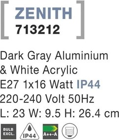 NV 713212 Venkovní nástěnné svítidlo ZENITH tmavě šedý hliník bílý akrylový difuzor E27 1x12W 220-240V bez žárovky IP44 - NOVA LUCE