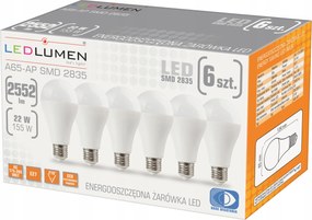 Sada 6x Led žárovka E27 A65 22W=155W Smd 2552lm 210° CCD Bez blikání