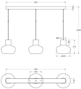 Fabas 3767-48-102 Kino, závěsné svítidlo z bílého skla a zlatého kovu, 3x12W LED 3000K krokové stmívání, délka 92cm