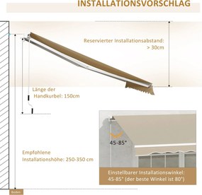 Manuální zatahovací kazetová markýza Outsunny 3,95 m s kličkou pro balkón - sluneční clona, stěnová montáž, hliník, Bílá + Béžová 395 x 245 cm