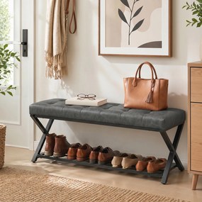 HOMCOM čalouněná lavice na boty s úložným prostorem — průmyslový X-rám z oceli, PU kůže, nosnost 220 kg, 112 × 37 × 47 cm, tmavě šedá