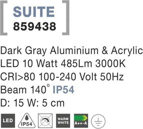 NV 859438 Venkovní nástěnné svítidlo SUITE tmavě šedý hliník a akryl LED 10W 3000K 100-240V 140st. IP54 - NOVA LUCE