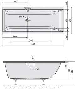 Polysan CLEO obdélníková vana s konstrukcí 180x80x48cm, bílá, 95711