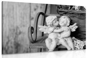 Obraz sošky andílků na lavičce v černobílém provedení