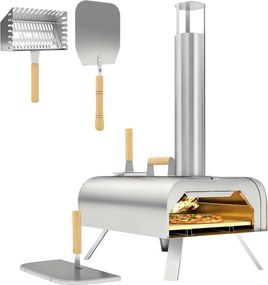 Outsunny Zahradní Pizza Trouba na Dřevo z Nerezové Ocele s 1 cm Tlustou Pizza Kamennou, Sklopné Nohy, Pizza Lopata, Poklop, Přenosná Trouba na Dřevo p