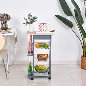 HOMCOM Kuchyňský Servisní Vozík S Více Úložným Prostorem 3 Kovové Košíky + 2 Držáky Na Láhve Šedý Borový Dřevěný