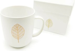 Porcelánový hrnek Pure Gold, bílý, 400 ml – tichý luxus, motiv zlatého listu, matný povrch