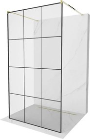 Mexen Kioto, průchozí sprchová zástěna 100 x 200 cm, 8mm sklo čiré/černý vzor, 2x zlatá stabilizační rozpěra, 800-100-002-50-77