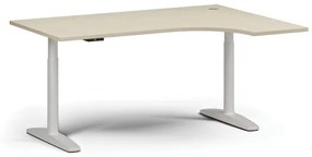 Výškově nastavitelný stůl OBOL, elektrický, 675-1325 mm, rohový pravý, deska 1600x1200 mm, bílá zaoblená podnož, bříza
