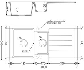 Mexen Andres, granitový dřez 1000x500x200 mm, 1,5-komorový a dřezová baterie Carla, černá skvrnitá, 6515-76-670700-00