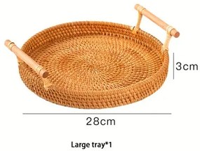 Kulatý servírovací ratanový podnos s dřevěnou rukojetí Rozměr: průměr 28 cm