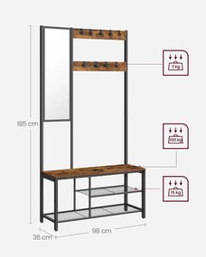 Předsíňový věšák s policí, zrcadlem na oděvní stojan, úložným prostorem na boty a sedátkem, rustikální hnědá, 36 x 98 x 185 cm