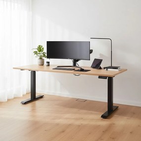 Výškově nastavitelný stůl OfficeTech C, 200 x 80 cm, černá podnož, buk
