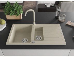 Mexen Matias, 1,5-komorový granitový dřez s odkapávačem 90x50 cm a kuchyňskou baterií Telma, béžová, 6502-69-670200-69
