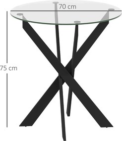 HOMCOM Jídelní stůl, kulatý kuchyňský stůl pro 4 osoby, skleněný jídelní stůl s ocelovými nohami, tvrzená skleněná deska, pro jídelnu, kuchyni, Ø70 x…