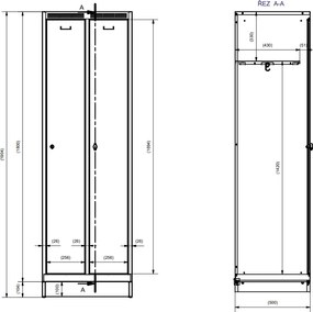 Kovová šatní skříňka S7 na soklu, 2 oddíly, 1904 x 600 x 500 mm, demont, otočný zámek, šedé dveře