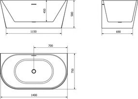 Mexen Oval, volně stojící nástěnná vana 140 x 75 cm, bílá, černý matný přepad, 52671407500-70