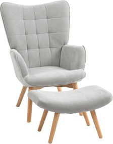 Křeslo HOMCOM s ottomanem, křeslo s vysokým opěrákem, dřevěné nohy, lounge křeslo s prošívaným designem, vzhled sametu, pro obývací pokoj, šedé | Aoso