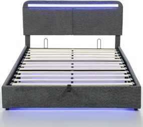 HOMCOM postel s úložným prostorem 140 x 190 cm s LED osvětlením, nastavitelná opěrka hlavy, rám dvoulůžka, dřevěné lamely, šedá