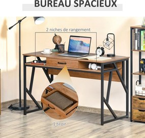 HOMCOM Pracovní stůl v industriálním stylu 120D x 60Š x 76V cm Se zásuvkou + 2 policemi Černé kovové nohy Ořechová dřevinová vrchní část
