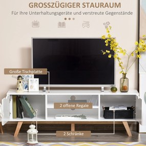 HOMCOM Moderní TV Stolek pro Televize do 65 palců s 2 Dveřmi, 2 Otevřenými Policemi a Dřevěnými Nohami 150x39x50 cm Bílý