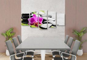 5-dílný obraz wellness zátiší s fialovou orchidejí - 200x100 cm