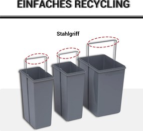 Mülleimer-Konstruktion mit 3 Abfalleimern zur Mülltrennung, Schienensystem, einbaubar, 3er-Set Müllbehälter, Grau