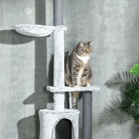 Stropní škrabadlo PawHut výškově nastavitelné 225-255 cm s ochranou proti překlopení Jeskyně pro kočky Škrabadla Hrací míč Grey