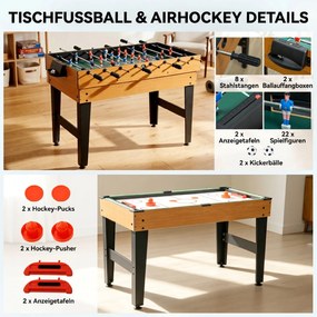 Multiherní stůl HOMCOM 4 v 1, párty herní stůl se stolním tenisem, stolním fotbalem, kulečníkem, stolním hokejem, pro zábavu více hráčů, ocel, přírod…