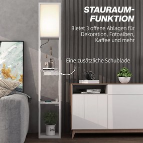 HOMCOM Stojací lampa s 3stupňovou policí, nožní spínač, USB porty, MDF, bílá