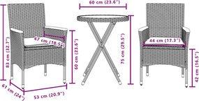 3dílný bistro set s poduškami černý polyratan a sklo 3278753