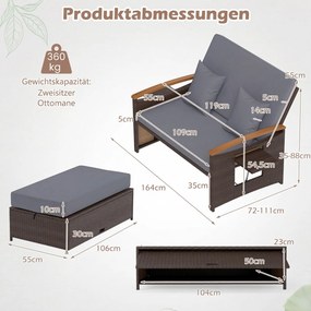 Costway Ratanová zahradní sestava 3 v 1 s lehátkem a taburetem, šedá
