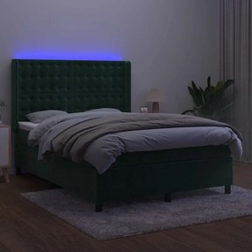 Box spring postel s matrací a LED tmavě zelená 140x200 cm samet 3139808