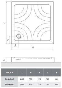 Čtvercová samonosná sprchová vanička COLA-P 170 mm S 800 × 800 COLA-P /800 8000022