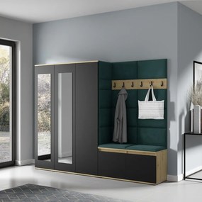 Eka Předsíňová stěna s čalouněnými panely Trinity 15 - Dub Artisan s černou / Tmavá zelená 2328