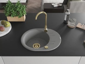 Mexen Kevin, granitový dřez 586x458x190 mm, 1-komorový, šedá se zlatým sifonem, 6517581005-71-G