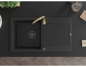 Mexen Leo 1-komorový granitový dřez s odkapávačem 900x500mm a kuchyňskou baterií Telma, černá-zlatá, 6501-77-670200-50