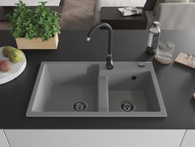 Mexen Tomas, granitový dřez 800x500x190 mm, 2-komorový, šedá s černým sifonem, 6516802000-71-B