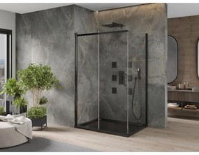Mexen Omega, sprchový kout s posuvnými dveřmi 100 (dveře) x 80 (stěna) cm, 8mm čiré sklo, černý profil + slim sprchová vanička černá s černým sifonem, 825-100-080-70-00-4070B