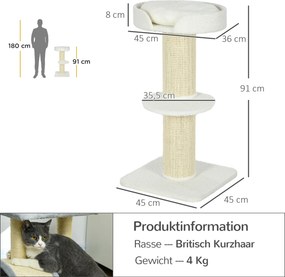 PawHut Kočičí škrabací strom Výška 91 cm 3-podlažní kočičí věž s odpočinkovou platformou a sisalovým sloupem 45x45x91 cm Krémová