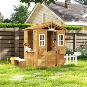 Outsunny dětský domeček, zahradní domek ze dřeva s dveřmi a okny, lavičkou, poštovní schránkou, plotem, pro děti od 3 do 6 let