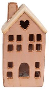 Vánoční dekorace s LED světlem hnědý porcelánový domeček s okny, srdíčkem a komínem – 8x6x15 cm