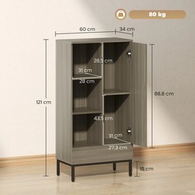 HOMCOM příborník do obývacího pokoje, moderní, s dveřmi, zásuvkou, nastavitelnou policí a 3 otevřenými přihrádkami, 60x34x121 cm, přírodní